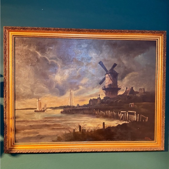 Art | Vintage Windmill Landscape Painting With Gold Frame | Poshmark
